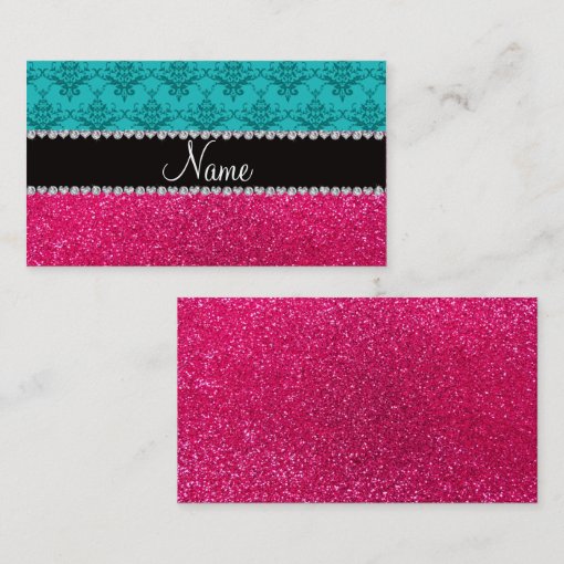 Personalized name turquoise damask pink glitter calling card | Zazzle