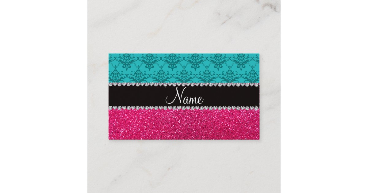 Personalized name turquoise damask pink glitter calling card | Zazzle