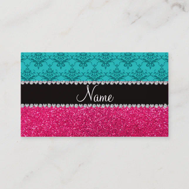 Personalized name turquoise damask pink glitter calling card | Zazzle
