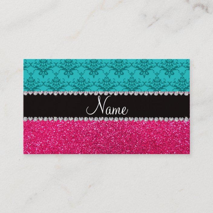 Personalized name turquoise damask pink glitter calling card | Zazzle.com