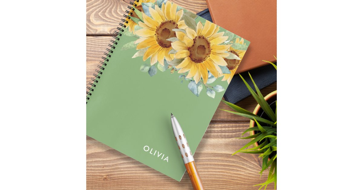 Personalized Name Watercolor Sunflower Sage Green Notebook | Zazzle