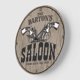 Personalized NAME Wild West Gun Revolver Saloon Large Clock | Zazzle