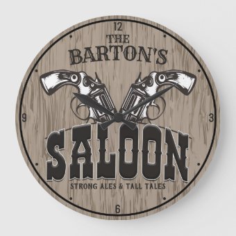 Personalized NAME Wild West Gun Revolver Saloon Large Clock | Zazzle