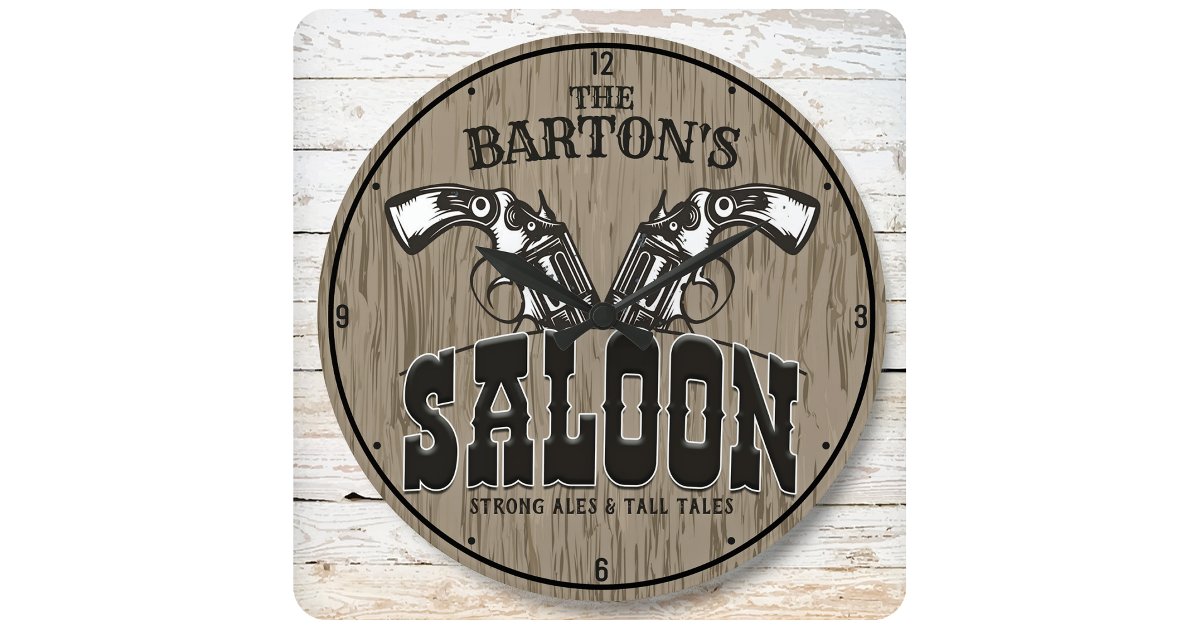 Personalized NAME Wild West Gun Revolver Saloon Large Clock | Zazzle