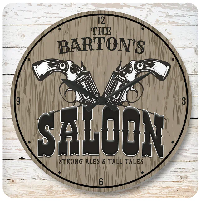 Personalized NAME Wild West Gun Revolver Saloon Large Clock | Zazzle
