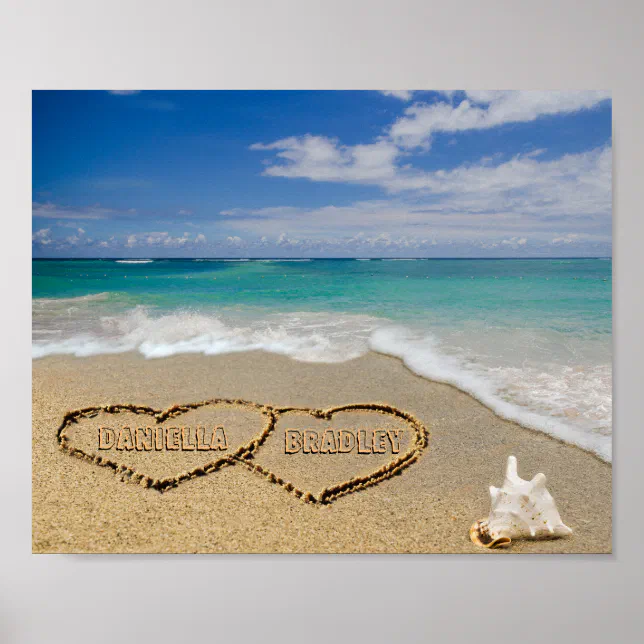 Personalized Names Hearts In Sand Picture Poster | Zazzle