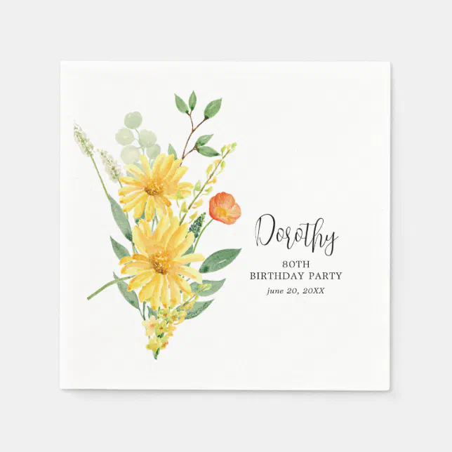 Personalized Napkins 80th Birthday Yellow Floral | Zazzle