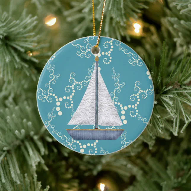 Personalized Nautical Sailboat Swirling Water Ceramic Ornament | Zazzle