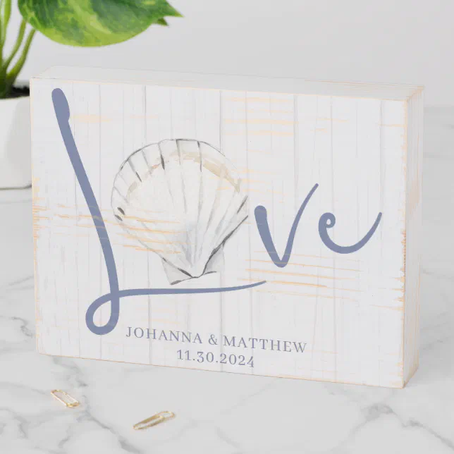 Personalized Nautical Seashell Love Typography Wooden Box Sign | Zazzle