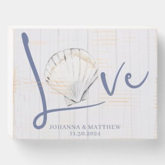 Personalized Nautical Seashell Love Typography Wooden Box Sign | Zazzle