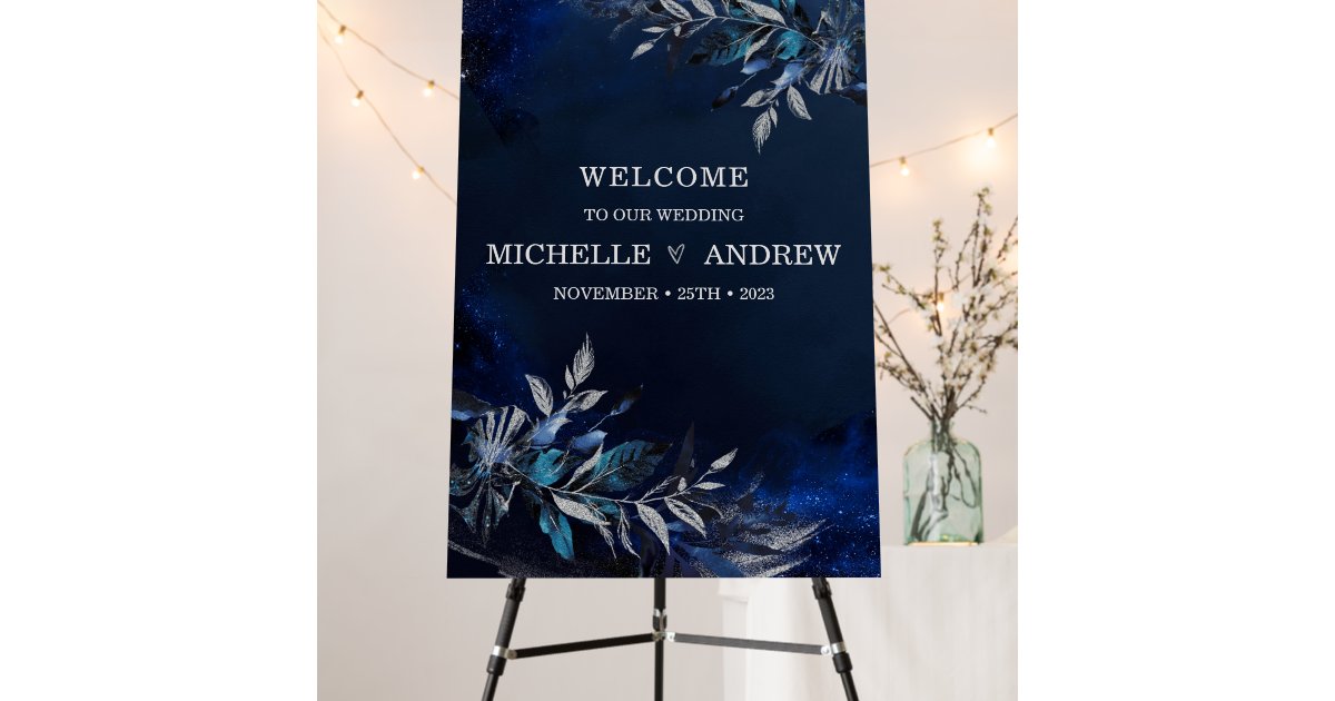 Personalized Navy Blue and Silver Welcome Sign | Zazzle