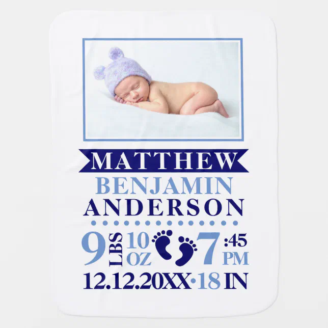 Personalized Navy Blue Baby Boy Birth Stats PHOTO Baby Blanket | Zazzle