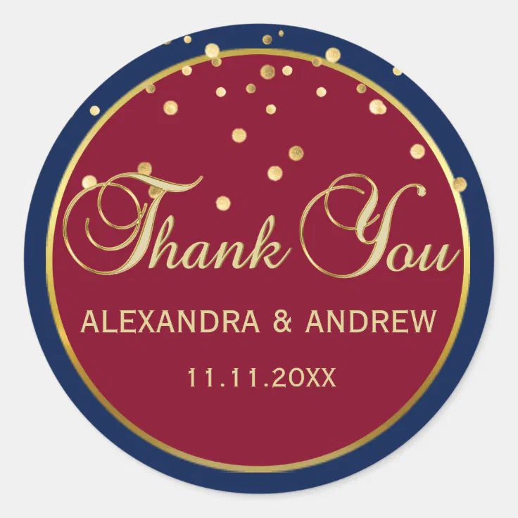 Personalized Navy Blue And Burgundy Gold Wedding Classic Round Sticker