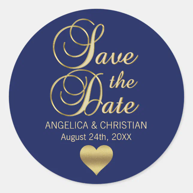 Personalized Navy Blue Gold Save The Date Wedding Classic Round Sticker
