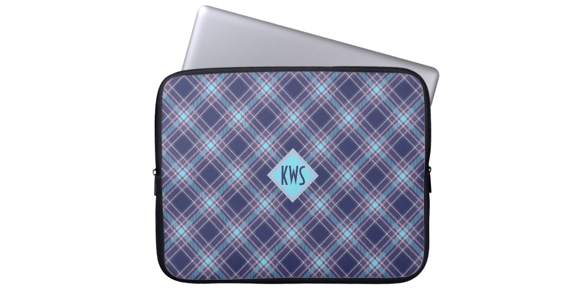 Personalized Navy Blue Teal Plaid Tartan Laptop Sleeve | Zazzle