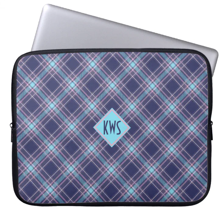 Personalized Navy Blue Teal Plaid Tartan Laptop Sleeve | Zazzle