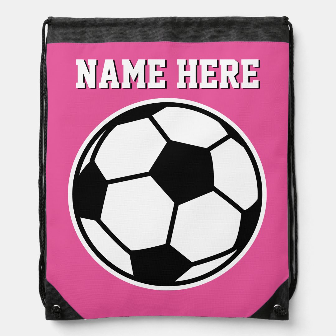 Personalized neon pink girls soccer drawstring bag | Zazzle