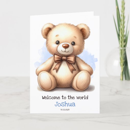 Personalized New Baby Blue Teddy Bear Card | Zazzle