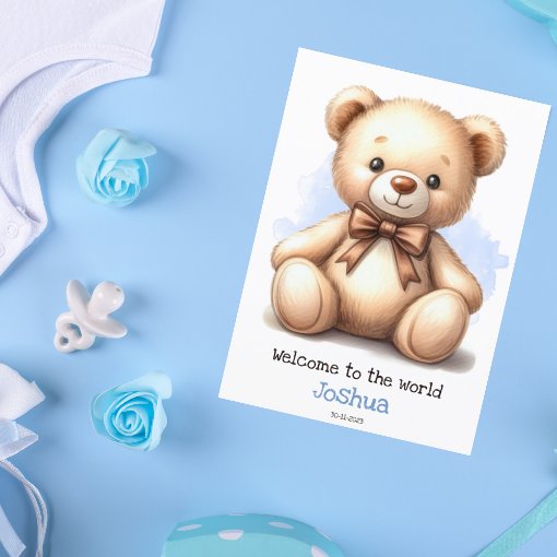 Personalized New Baby Blue Teddy Bear Card | Zazzle