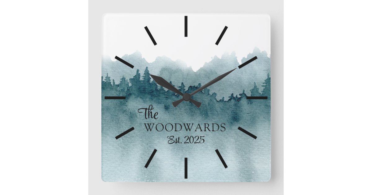 Personalized Newlyweds Wedding Watercolor Forest Square Wall Clock | Zazzle