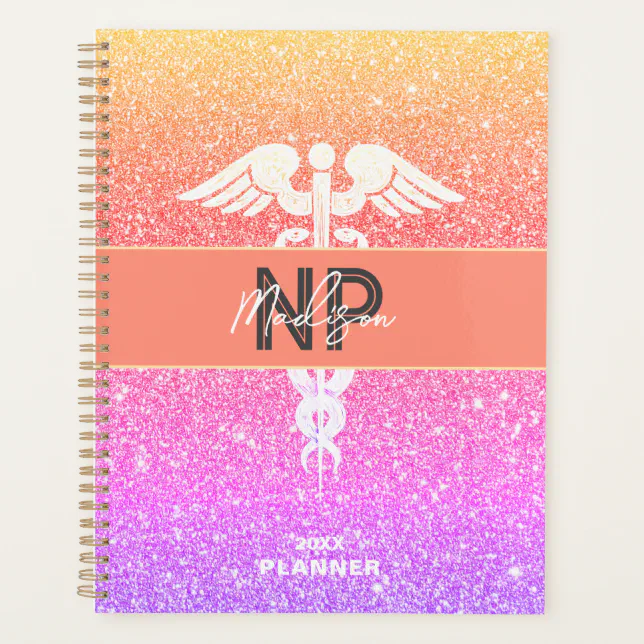 Personalized NP Nurse Practitioner Rainbow Glitter Planner | Zazzle