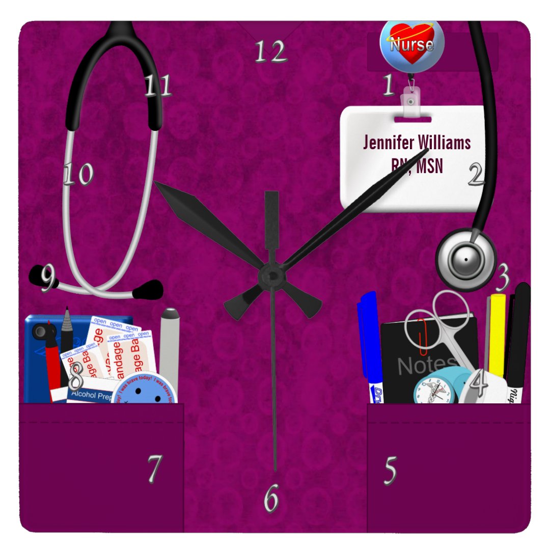Personalized Nurse Scrubs in Dark Pink Square Wall Clock | Zazzle