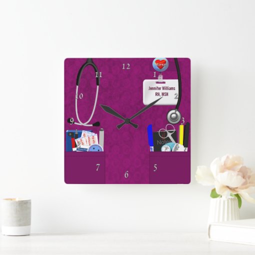 Personalized Nurse Scrubs in Dark Pink Square Wall Clock | Zazzle