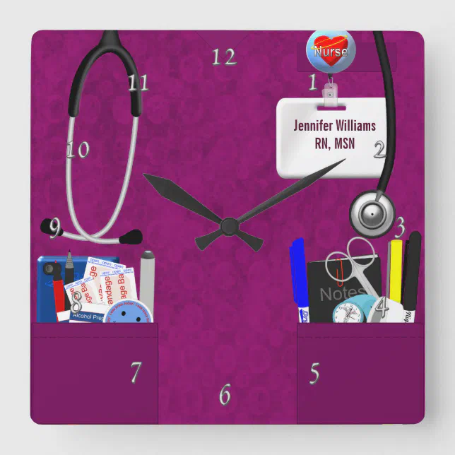 Personalized Nurse Scrubs in Dark Pink Square Wall Clock | Zazzle