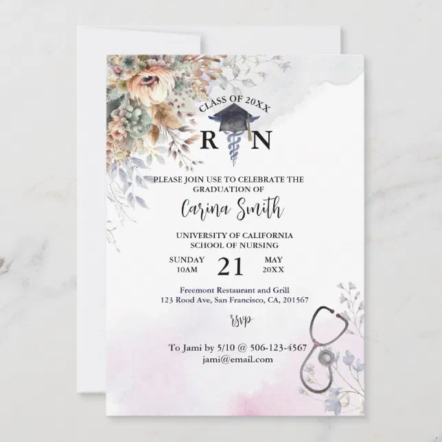 Personalized Nursing School Graduation Boho Floral Invitation | Zazzle