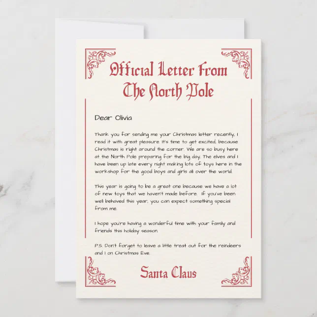 Personalized Official North Pole Letter From Santa Invitation | Zazzle