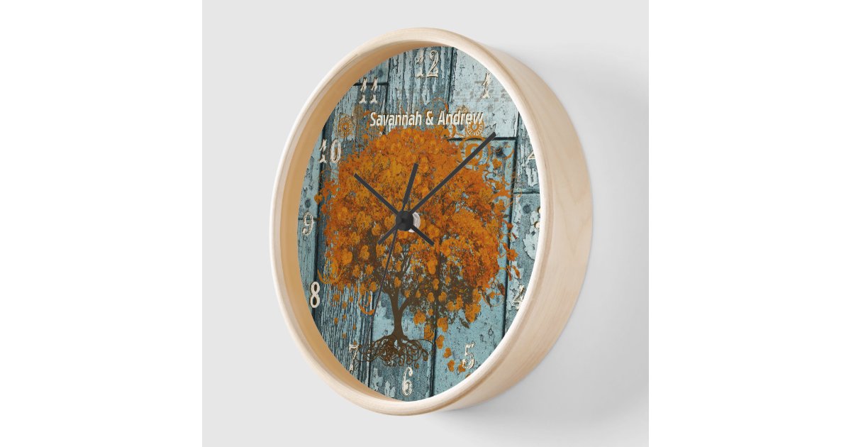 Personalized Old Rustic Aqua Wood Coral Tree Wall Clock | Zazzle