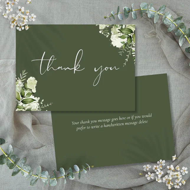 Personalized Olive Green Floral Elegant Script Thank You Card | Zazzle