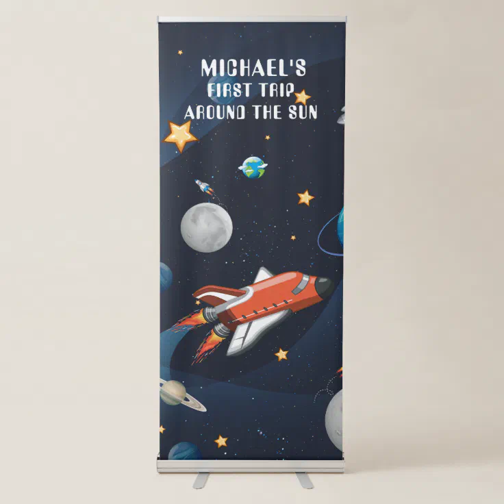 Personalized Outer Space First Birthday In Galaxy Retractable Banner ...