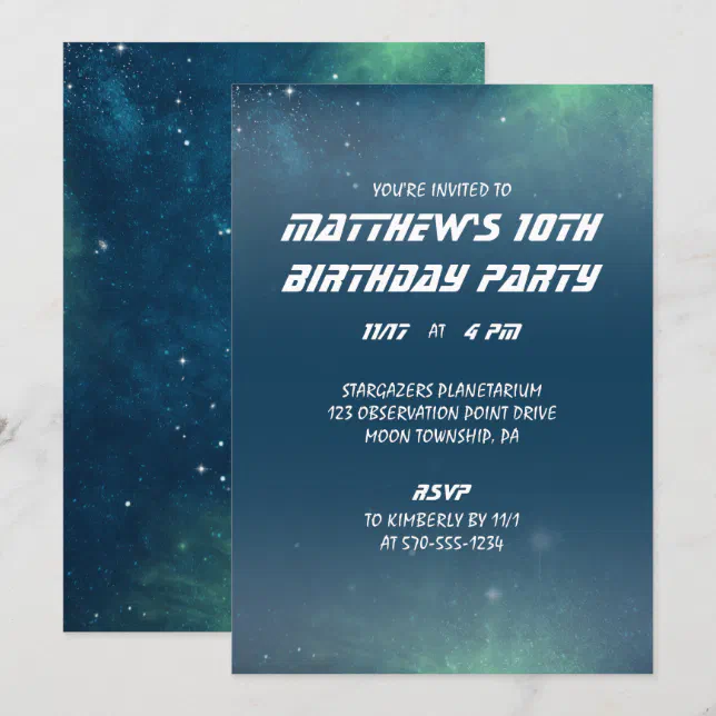 Personalized Outer Space Sky Blue and Green Party Invitation | Zazzle