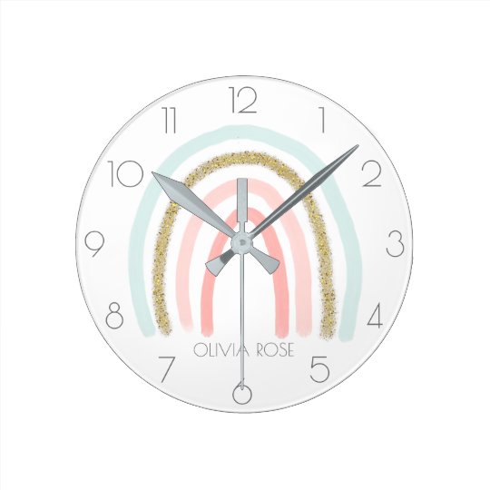 Personalized Pastel Rainbow with Faux Gold Glitter Round Clock | Zazzle.com