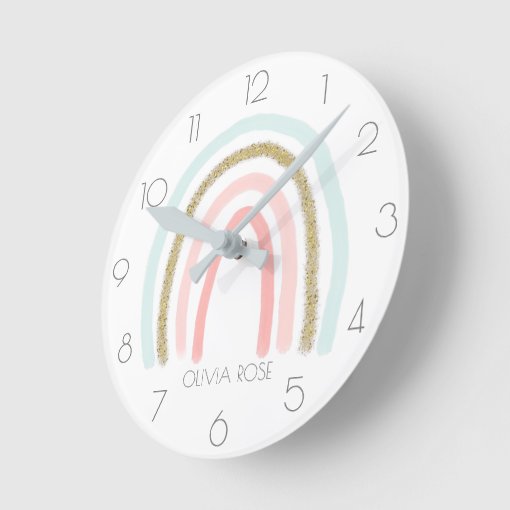 Personalized Pastel Rainbow with Faux Gold Glitter Round Clock | Zazzle