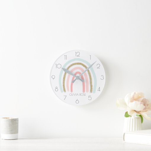 Personalized Pastel Rainbow with Faux Gold Glitter Round Clock | Zazzle