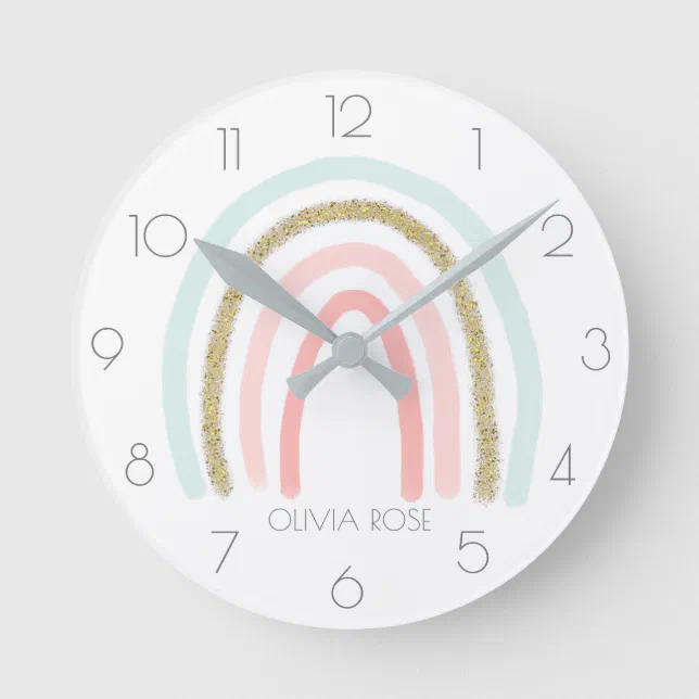 Personalized Pastel Rainbow with Faux Gold Glitter Round Clock | Zazzle