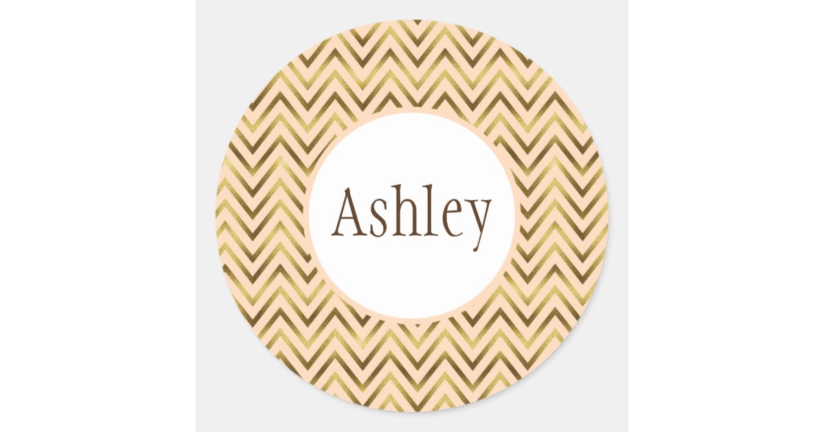 Personalized Peach and Gold Chevron Stripe Classic Round Sticker | Zazzle