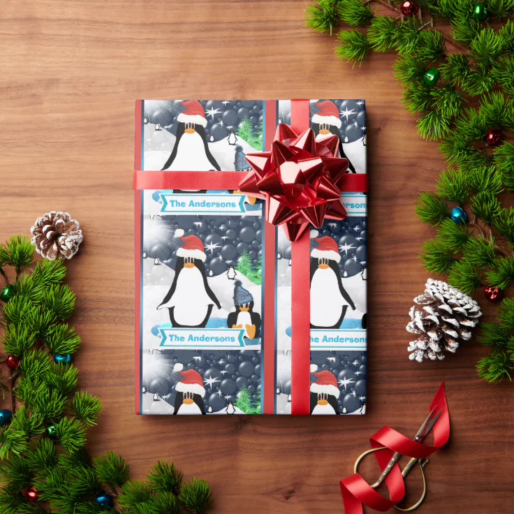 Personalized Penguin Holiday Wrapping Paper | Zazzle