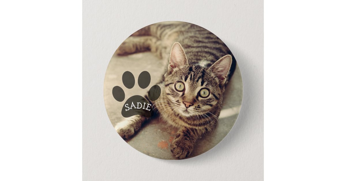 Personalized Pet Photo Button with Paw Print | Zazzle