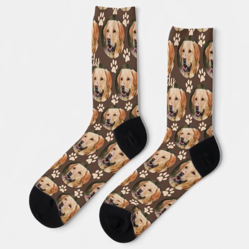 Personalized Pet Photo Pattern Dog Name Brown Socks | Zazzle