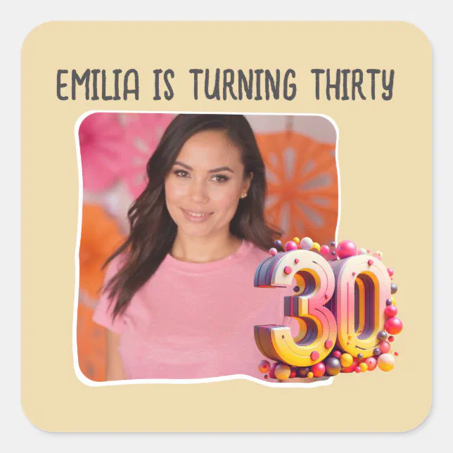 Personalized Photo 30th Birthday Party Square Sticker | Zazzle