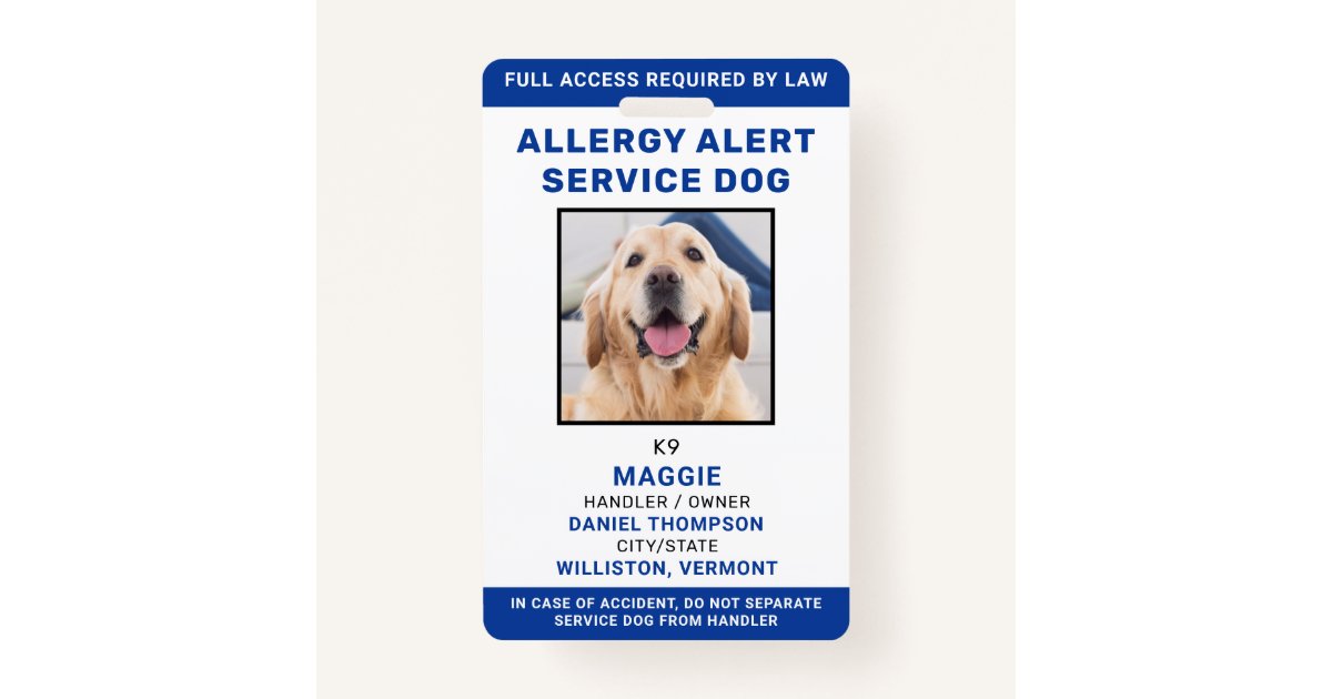 Personalized Photo Blue Allergy Alert Service Dog Badge | Zazzle