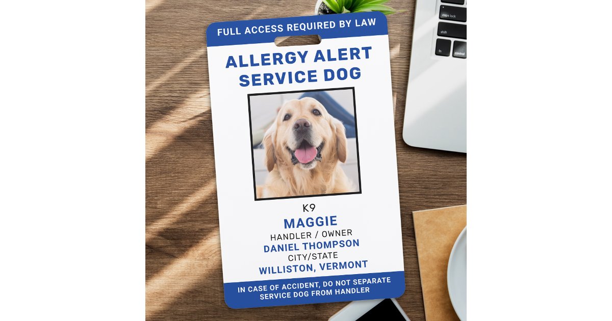 Personalized Photo Blue Allergy Alert Service Dog Badge | Zazzle