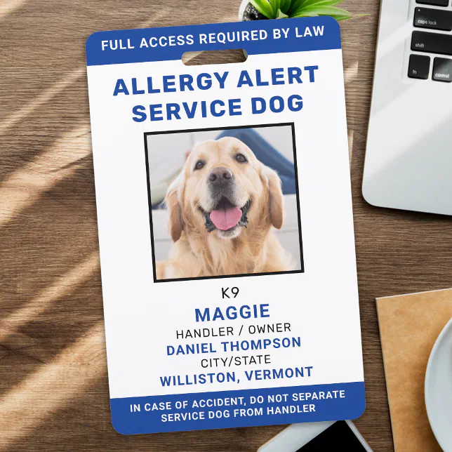 Personalized Photo Blue Allergy Alert Service Dog Badge | Zazzle