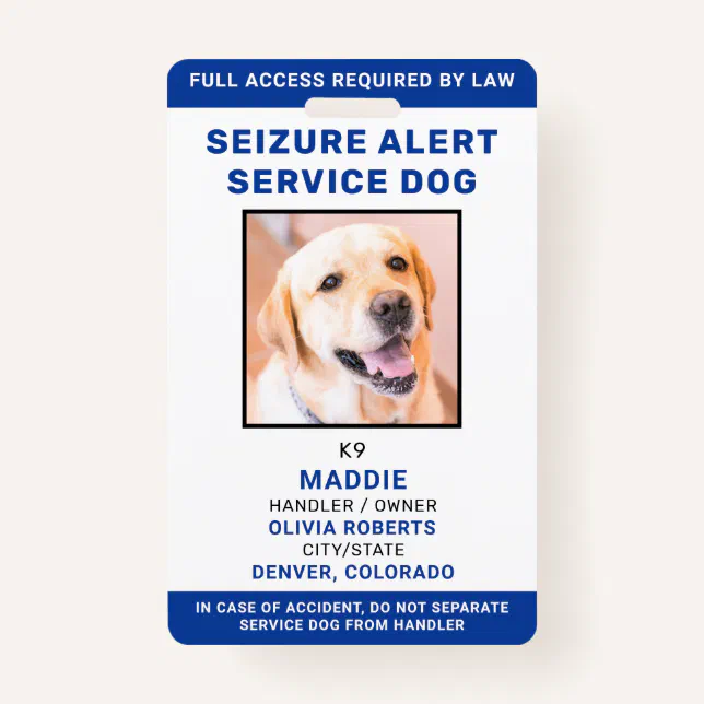 Personalized Photo Blue Seizure Alert Service Dog Badge | Zazzle