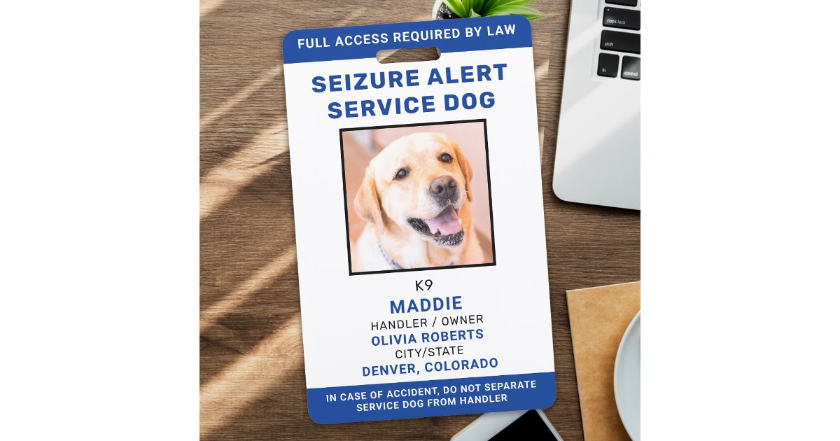 Personalized Photo Blue Seizure Alert Service Dog Badge | Zazzle