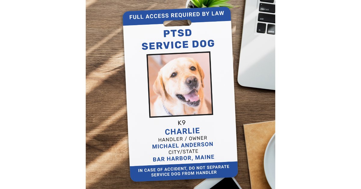 Personalized Photo Blue White PTSD Service Dog ID Badge | Zazzle