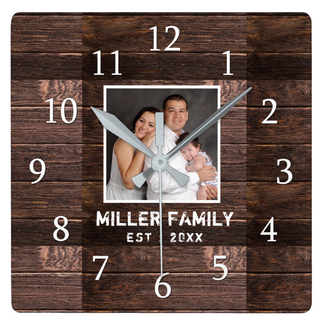 Personalized Photo Brown Wood Family Name Square Wall Clock | Zazzle